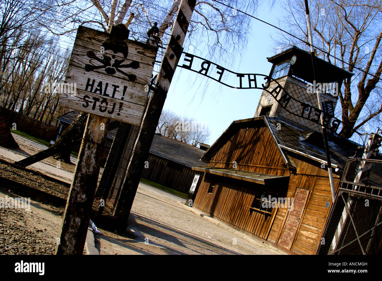 auschwitz gate and stop sign Stock Photo - Alamy