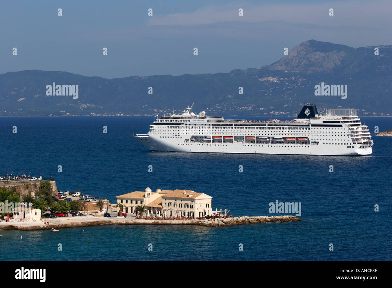 Ferry heading to the port of Kerkyra. Corfu island, Greece Stock Photo ...