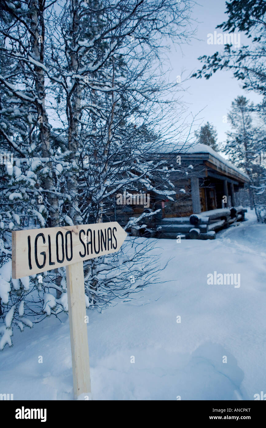 sign saying 'igloos sauna' in snowy landscape Stock Photo - Alamy
