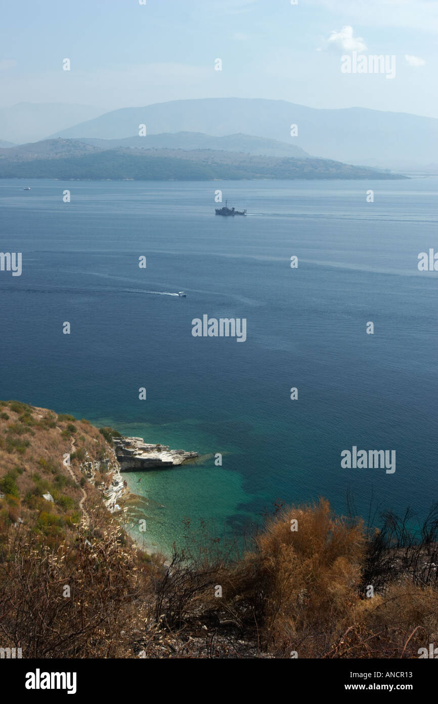 Strait between Greek island of Corfu and Albania, with the Albanian ...