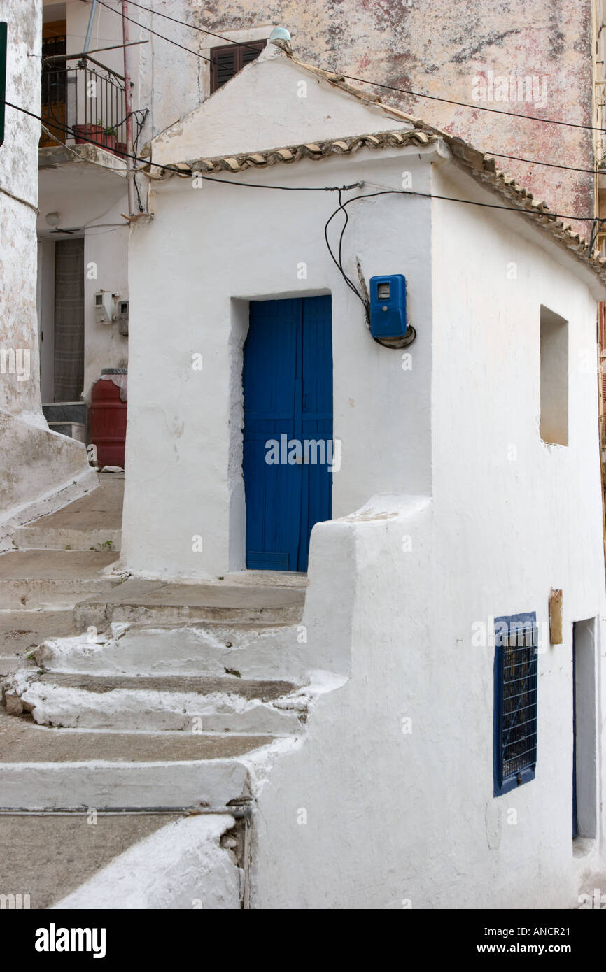 Typical rural Greek white coloured house. Pelekas mountain village ...