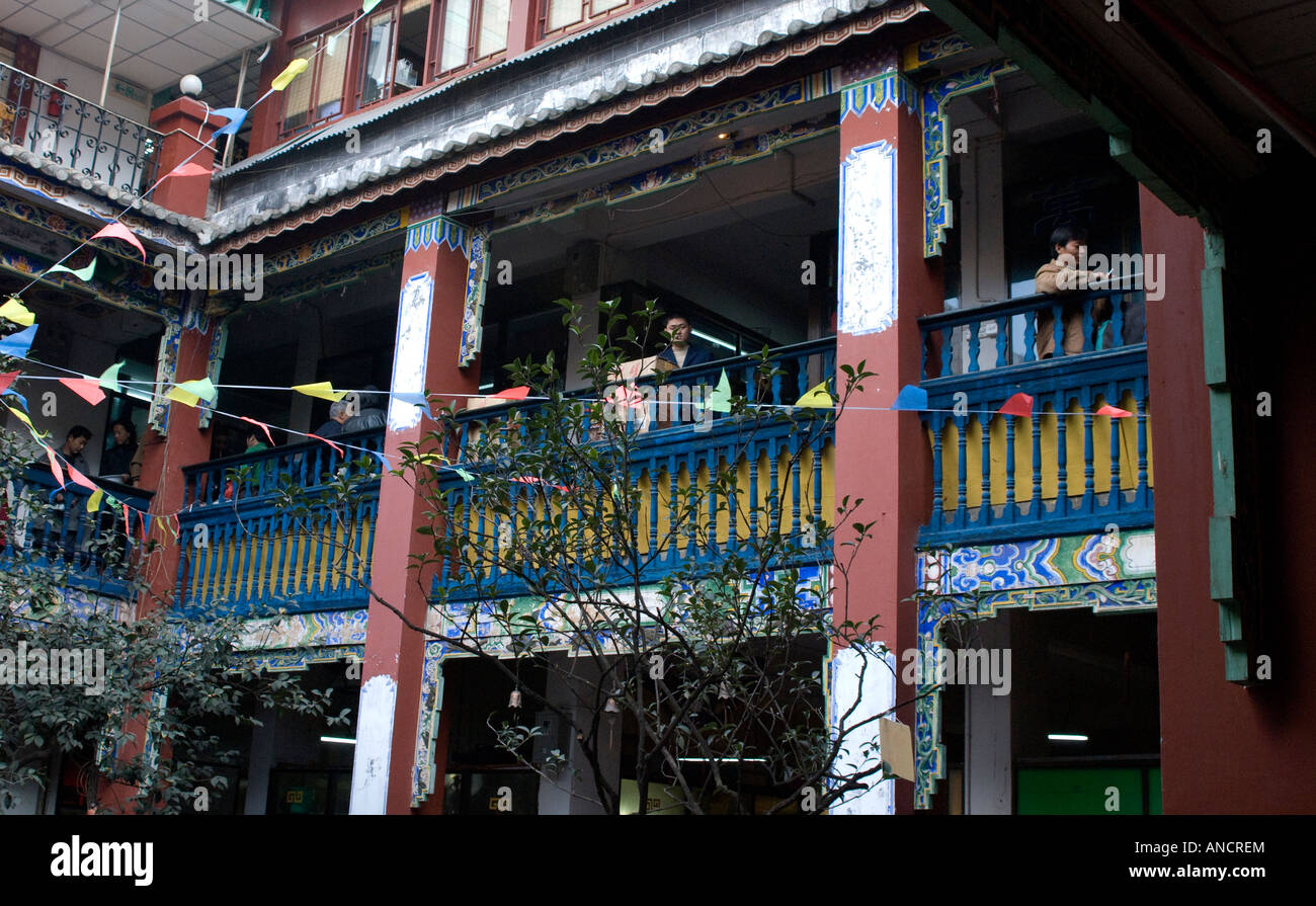 Traditional upstairs wooden balcony in a courtyard, Kunming, Yunnan ...