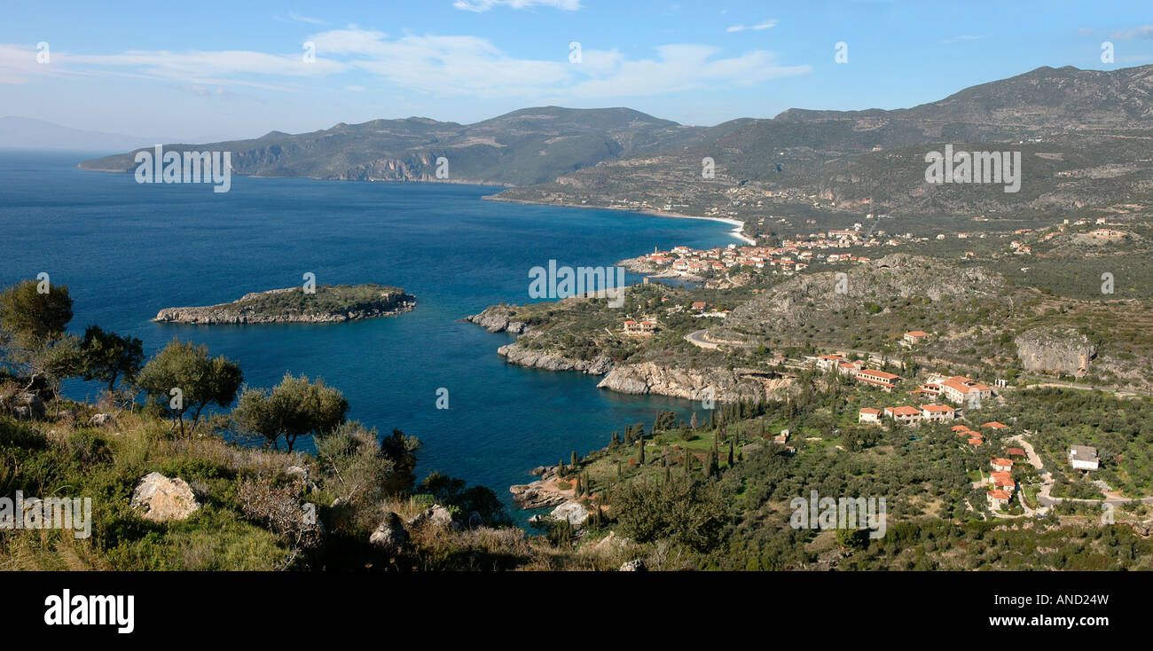 Looking down on Kalamitsi Bay with the village of Kardamyli in the ...