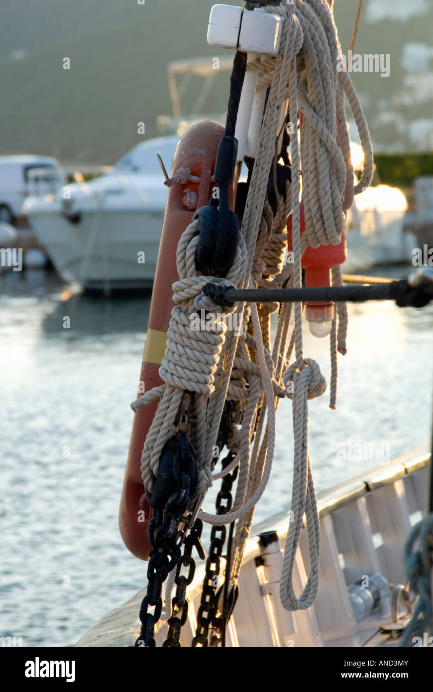 Detail view of a life-saving ring and ropes on an old sailingboat Stock ...