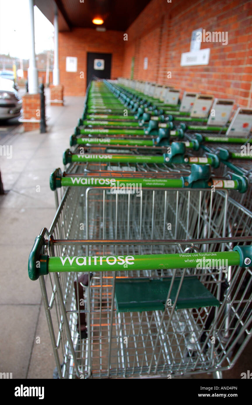 Shopping trollies outside a Waitrose supermarket, UK Stock Photo - Alamy