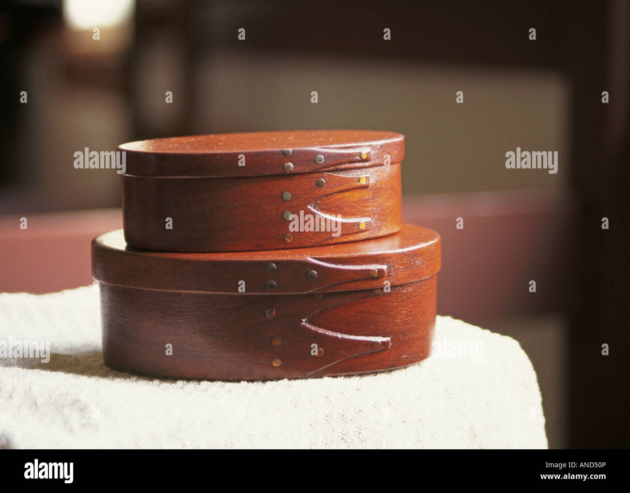 Fine wooden boxes made by Shakers on display at the old restored Shaker ...