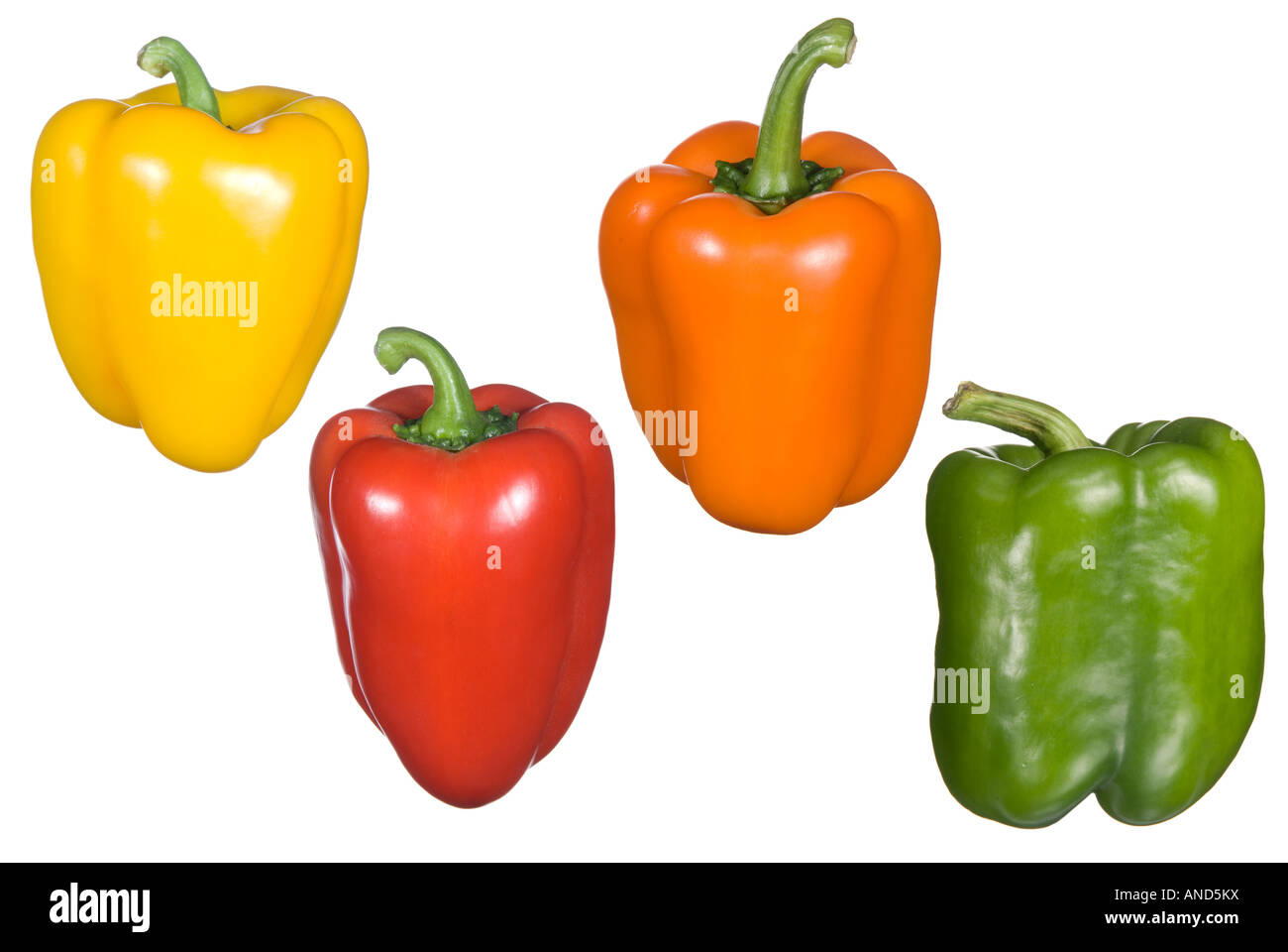 Isolated selection red green orange and yellow bell peppers are a ...