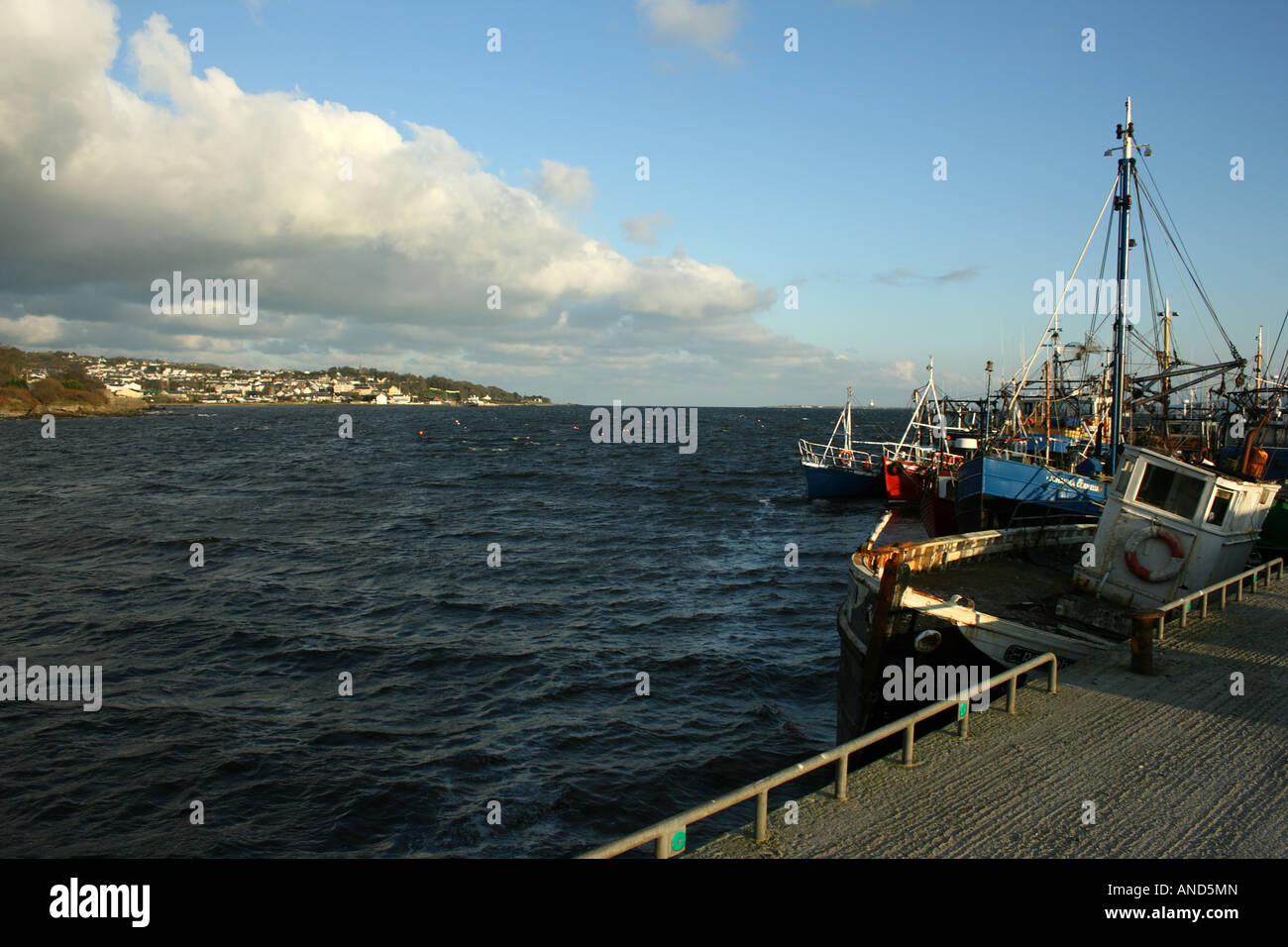 Fishing trawlers at outer harbour, Moville, in Lough Foyle, Inishowen ...