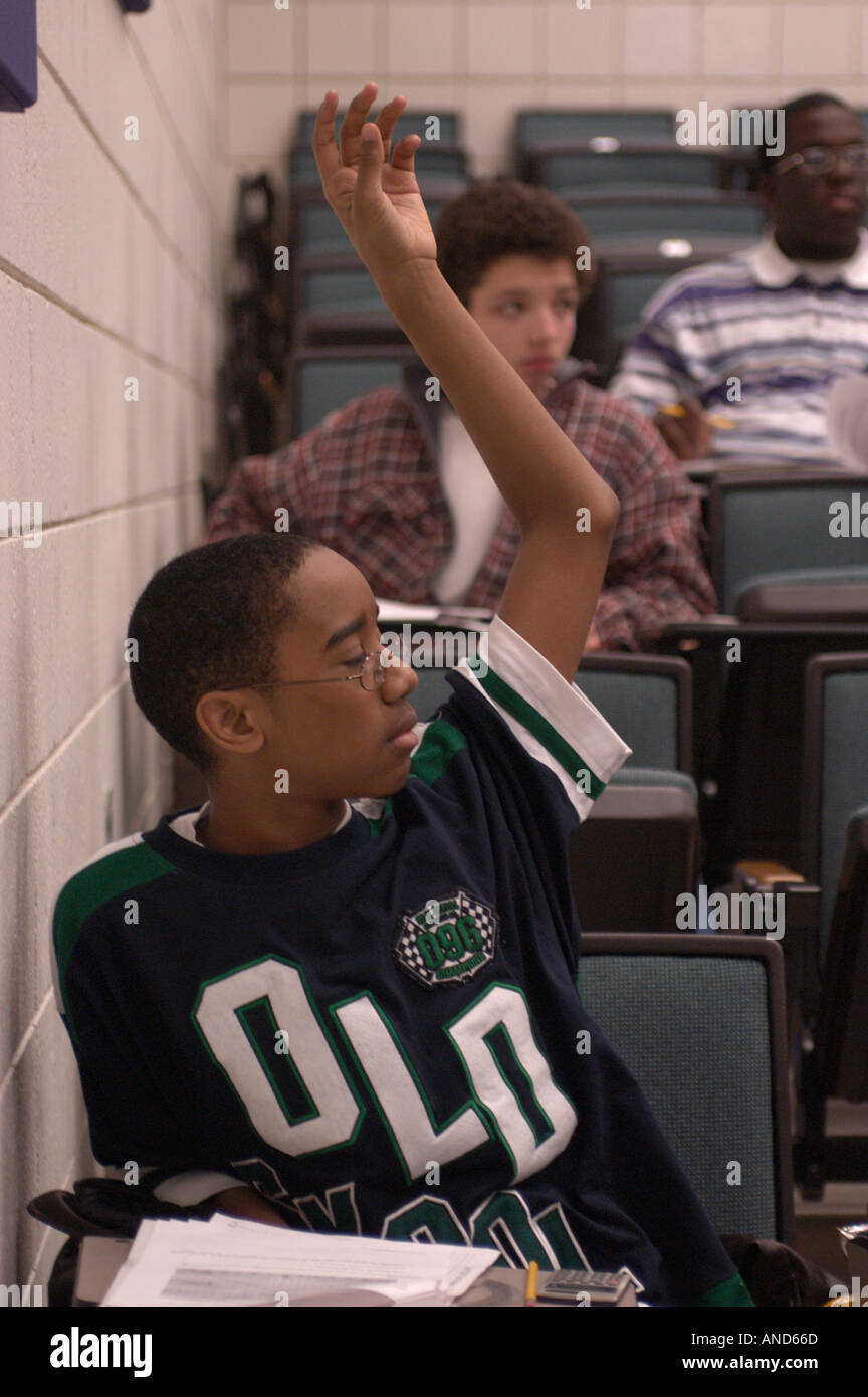 Boy in classroom raising hand Stock Photo - Alamy