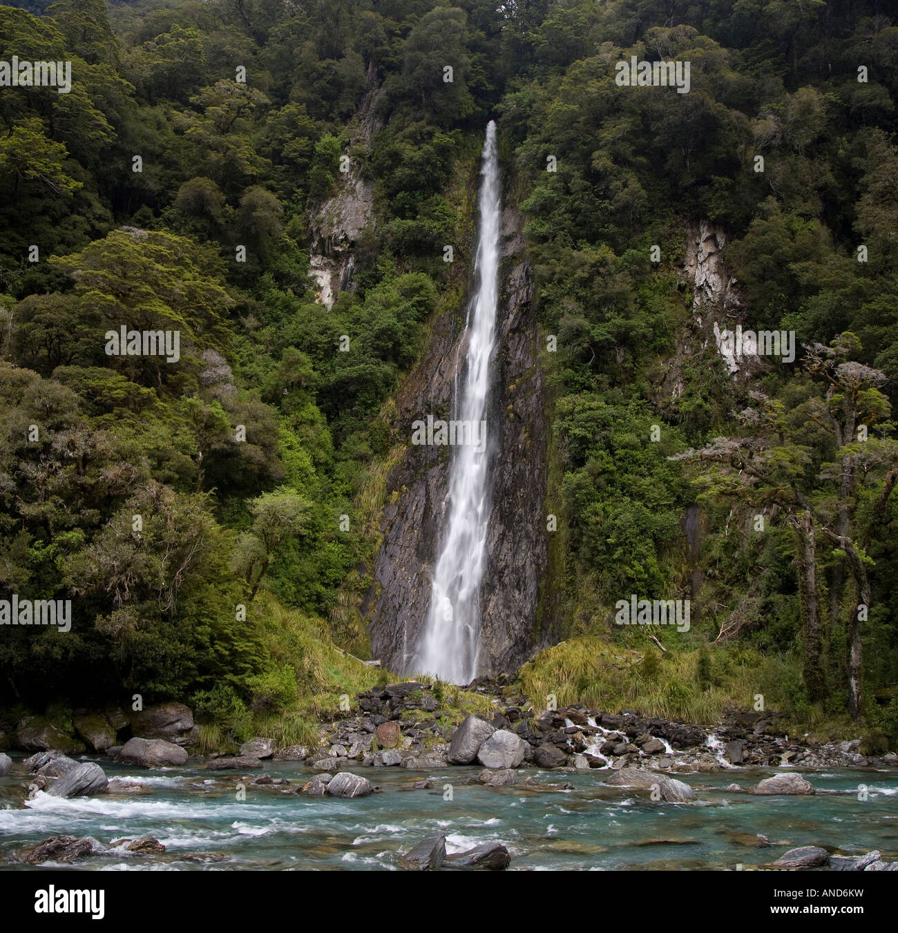 Thunder falls on the Haast Pass which is in the Mount Aspiring National ...