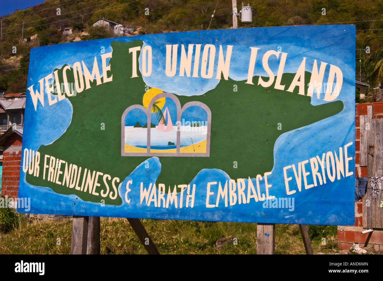 Local sign welcoming visitors to Union Island in the Caribbean Stock ...