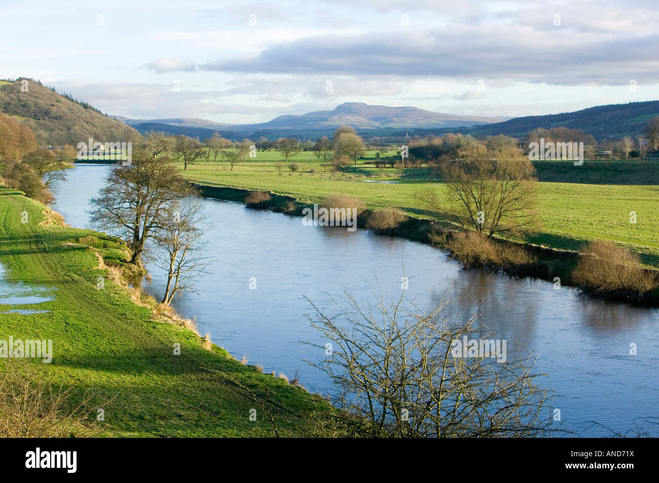 Ingleboborough from the Lune valley at Crook of Lune near Lancaster UK ...