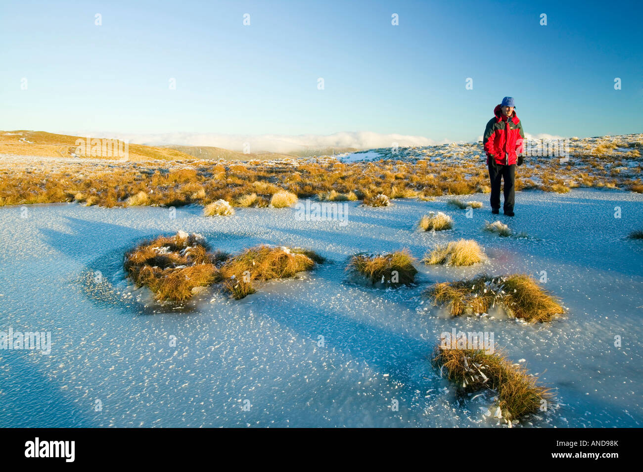 A walker crossing a frozen tarn on the summit of Red Screes in the Lake ...