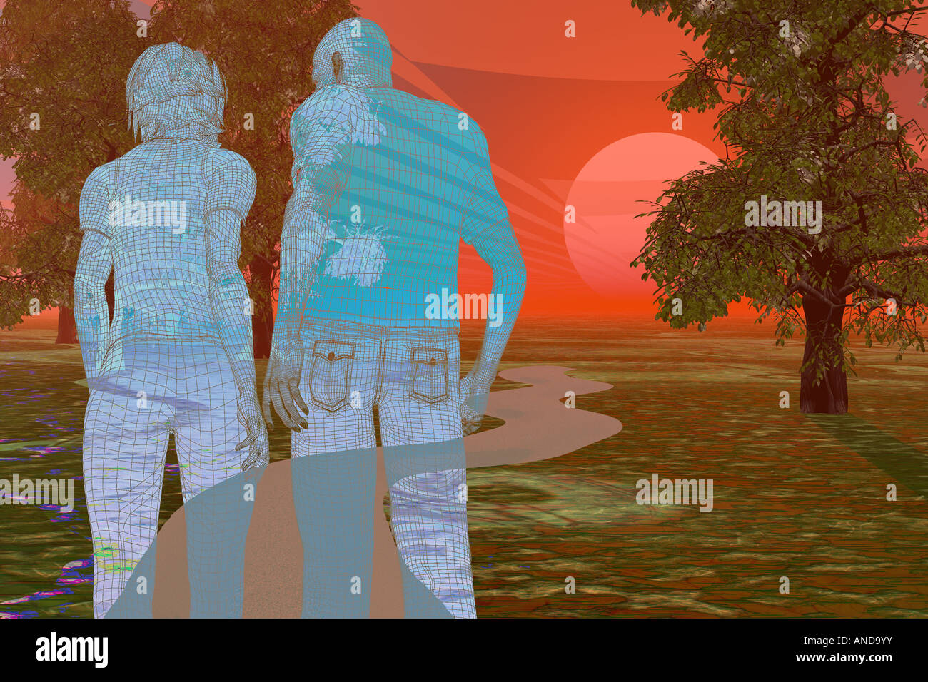 Wireframe couple in a virtual world Stock Photo - Alamy