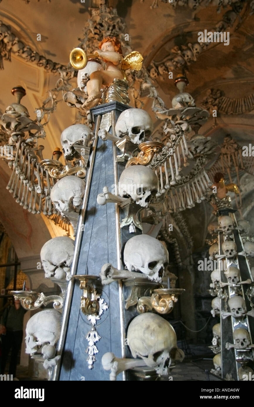 Human skulls and bones in the Ossuary Kostnica at Sedlec near Kutna ...