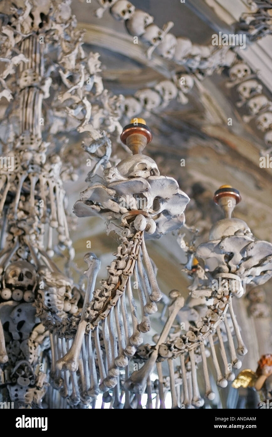 Human skulls and bones in the Ossuary Kostnica at Sedlec near Kutna ...