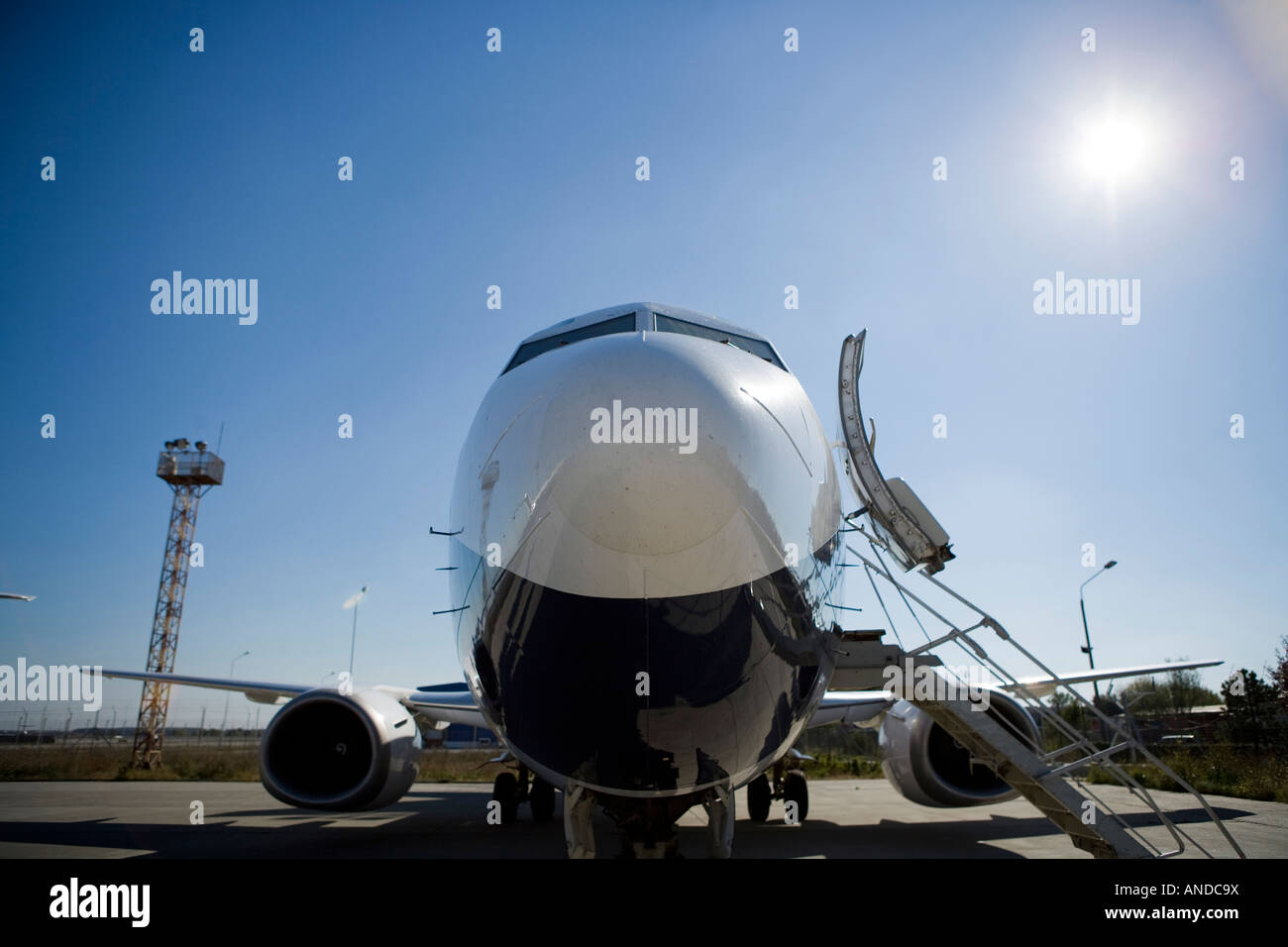 Airplane on airfield front view hi-res stock photography and images - Alamy