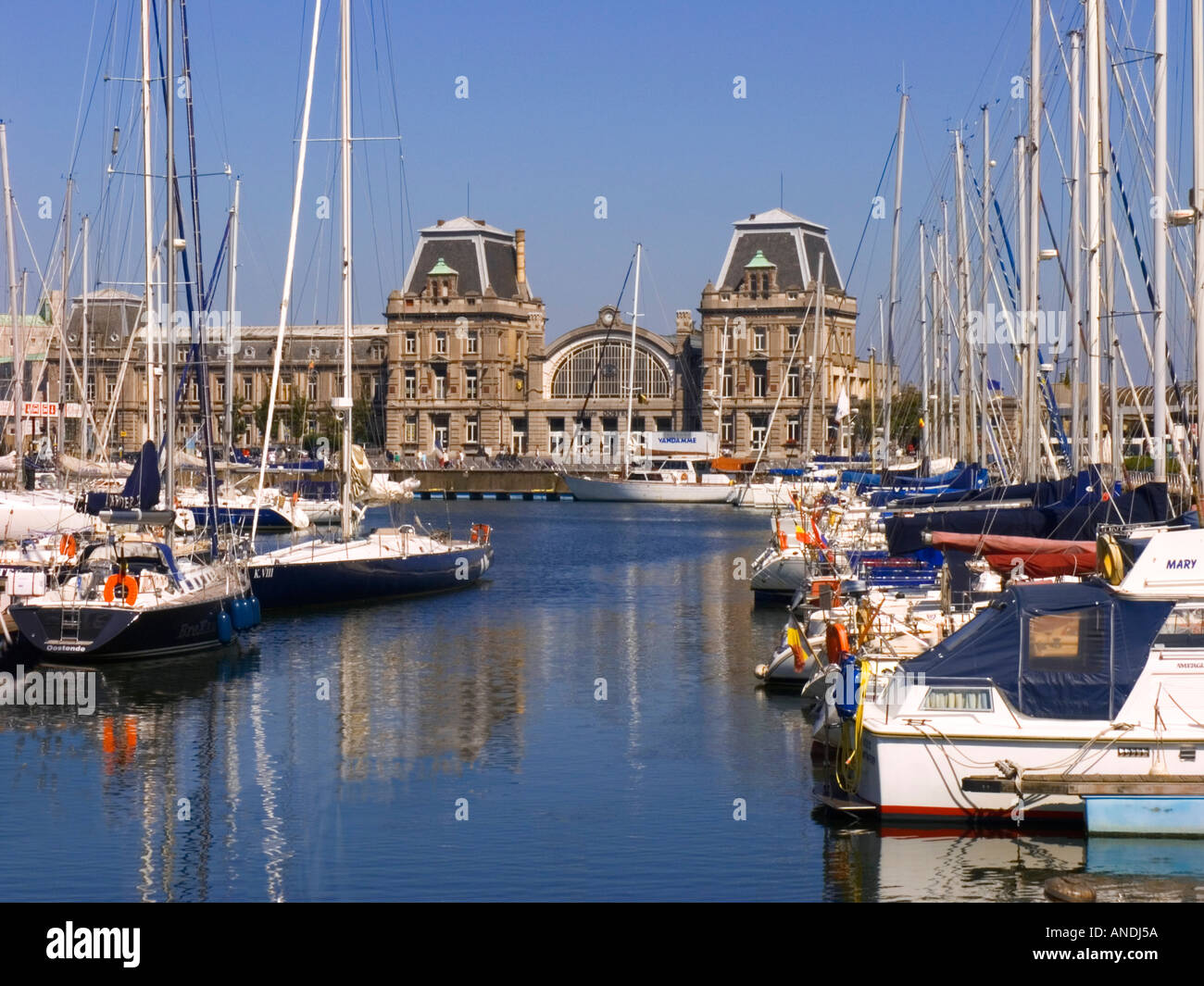 Belgium Ostend Oostende Ostend train station along canal and yacht ...