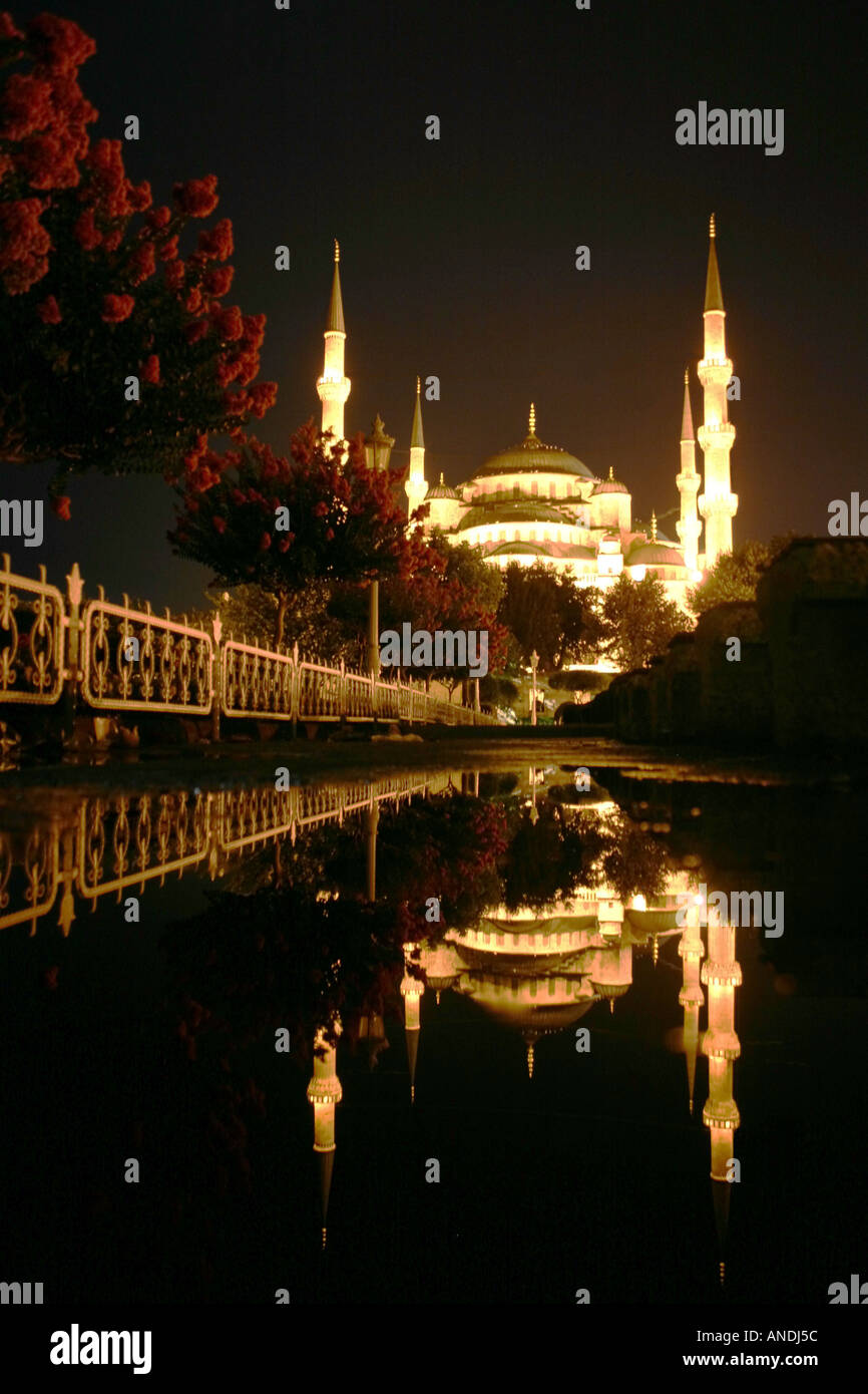 Reflections of Sultan Ahmet Camii Blue Mosque in Istanbul at night ...
