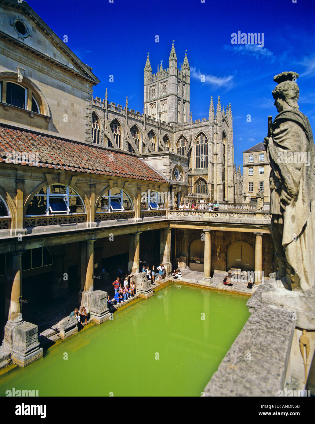 The Great Bath at the Roman Baths and Bath Abbey in Bath Somerset ...