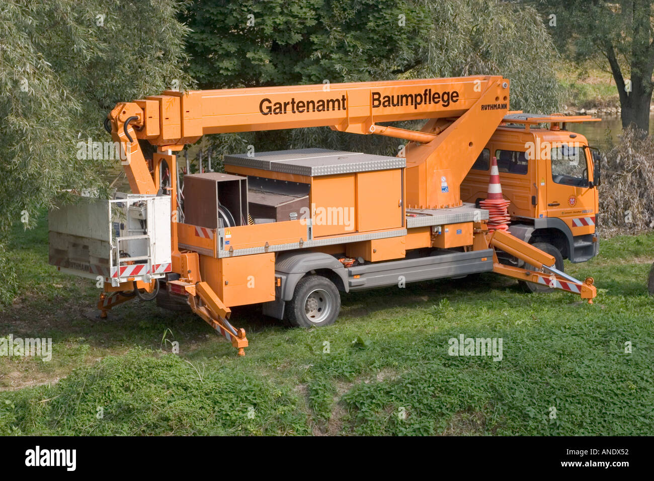 Heavy maintenance work vehicle in the ancient city of Regensburg on the ...