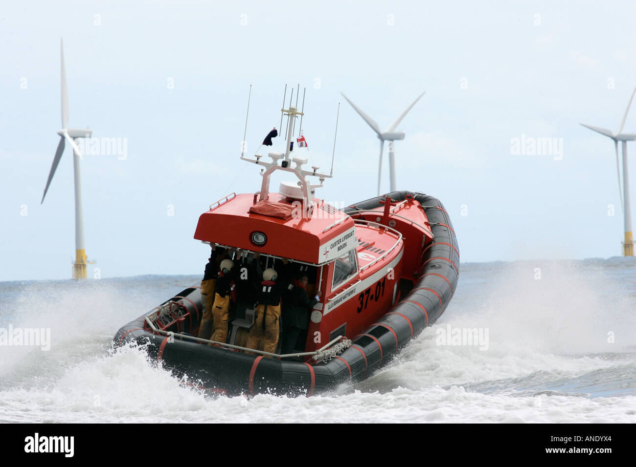 Caister lifeboat and wind turbines of the Caister Wind Farm Norfolk ...