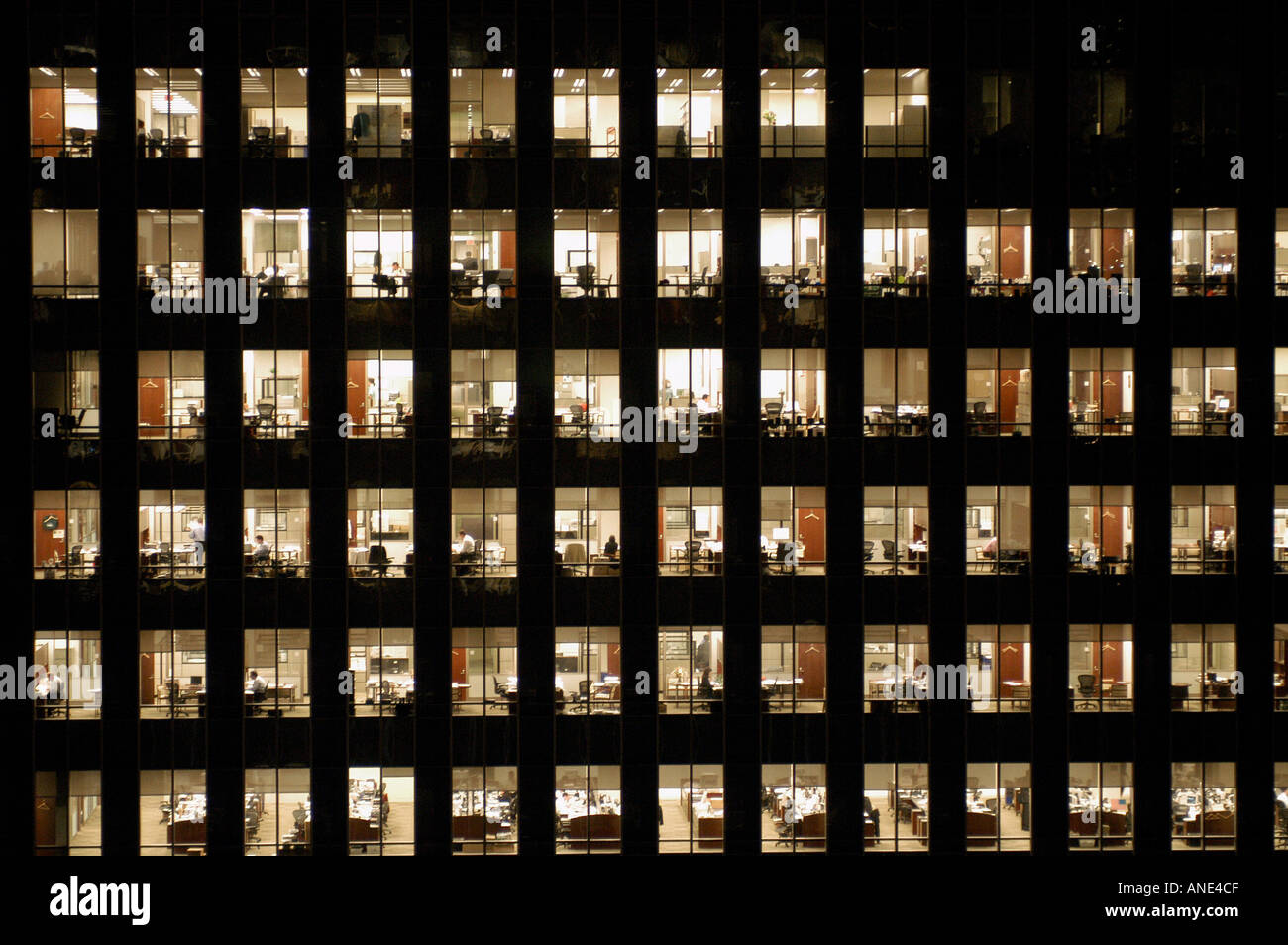 Office workers in a Midtown Manhattan building work into the night ...