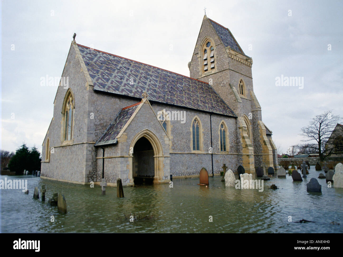 Flooded church and graveyard, Towyn, Wales, United Kingdom Stock Photo ...