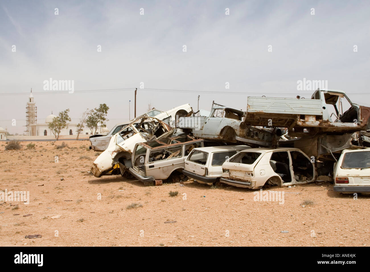 Bir al Ghanam. south of Tripoli. Libya. Wrecked Cars Attest to Libya's ...