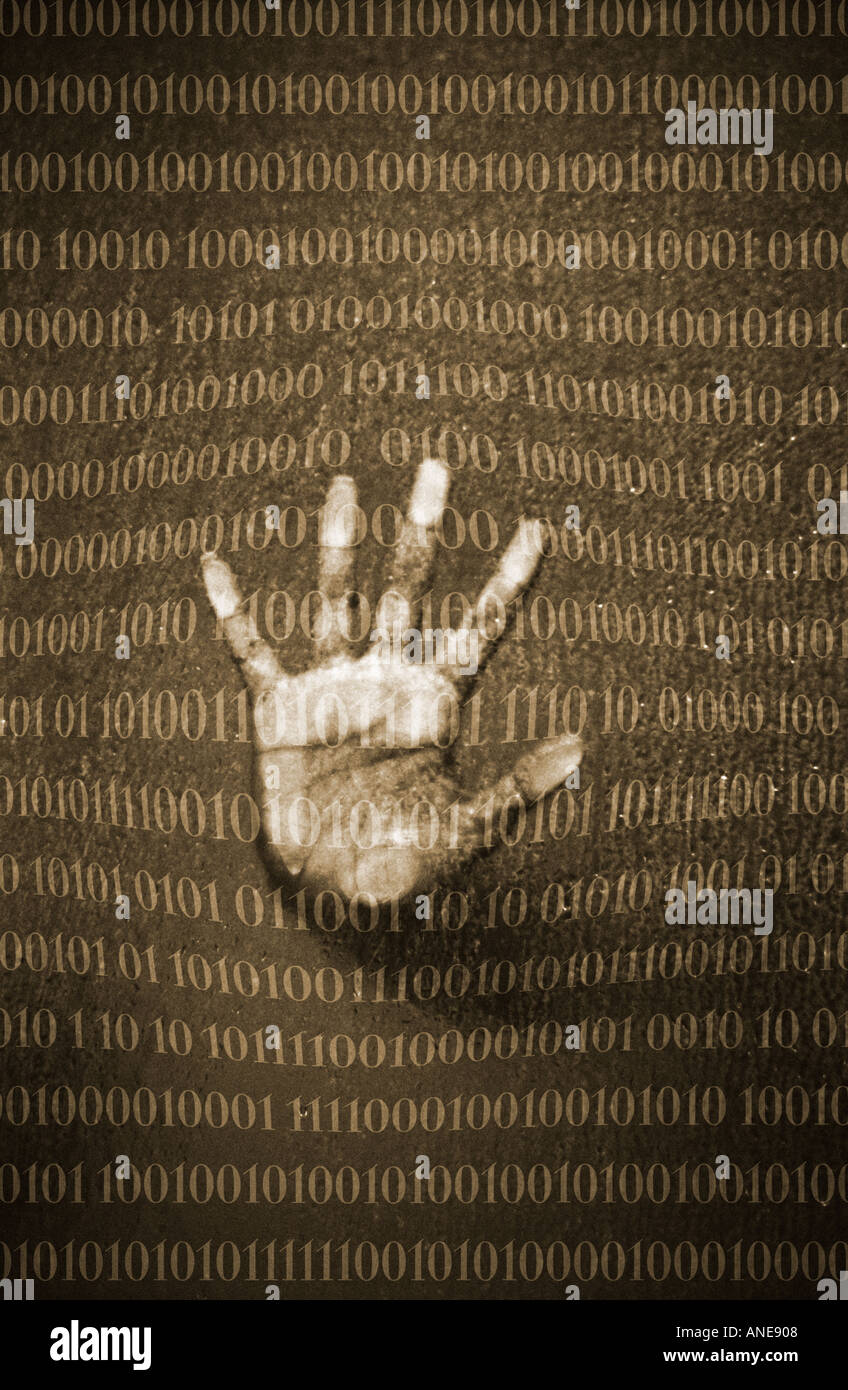 Technology Hand pushing through binary code digital information Stock ...