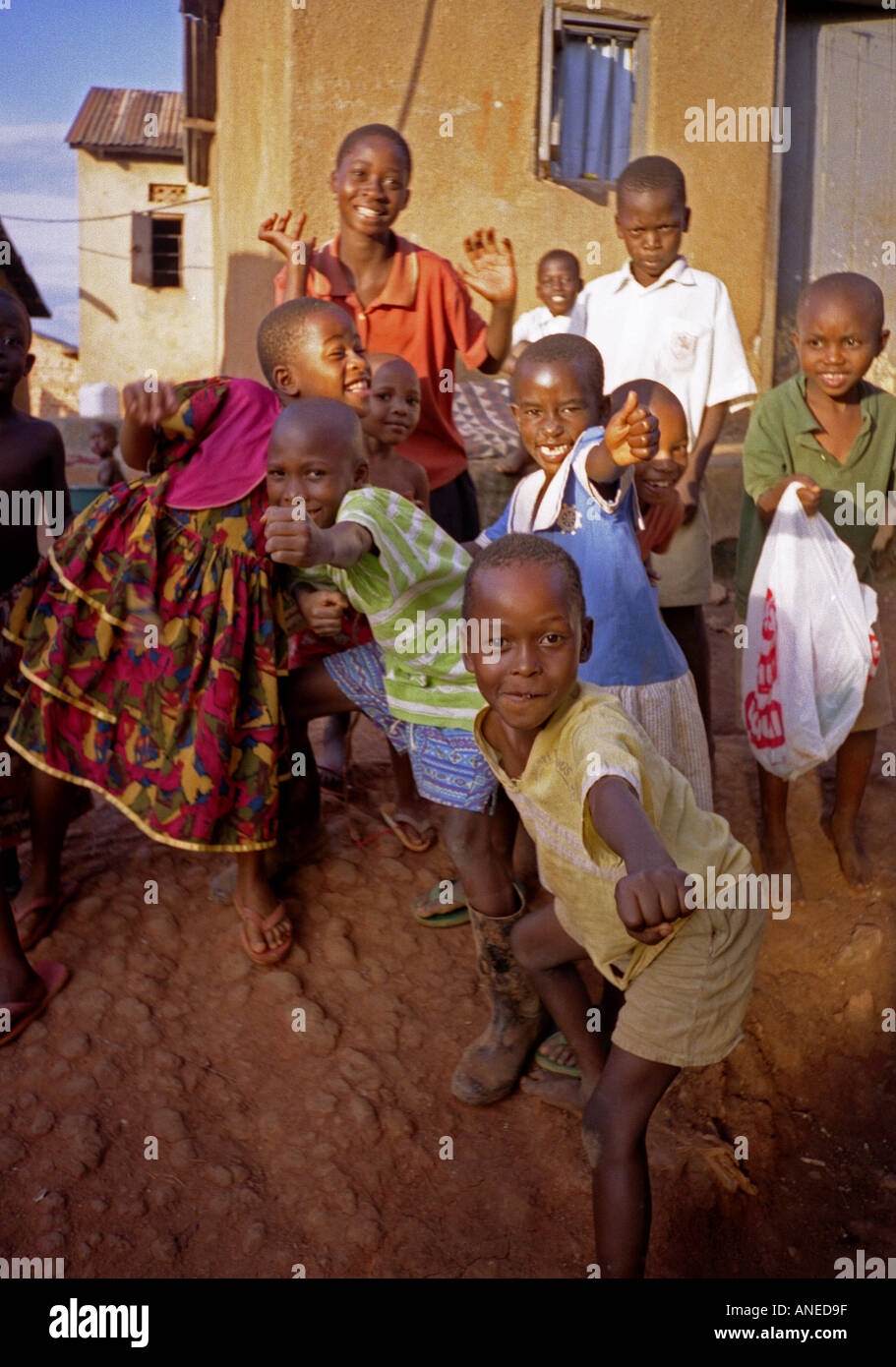 Portrait group boy girl pose play outdoor poor look watch smile happy ...