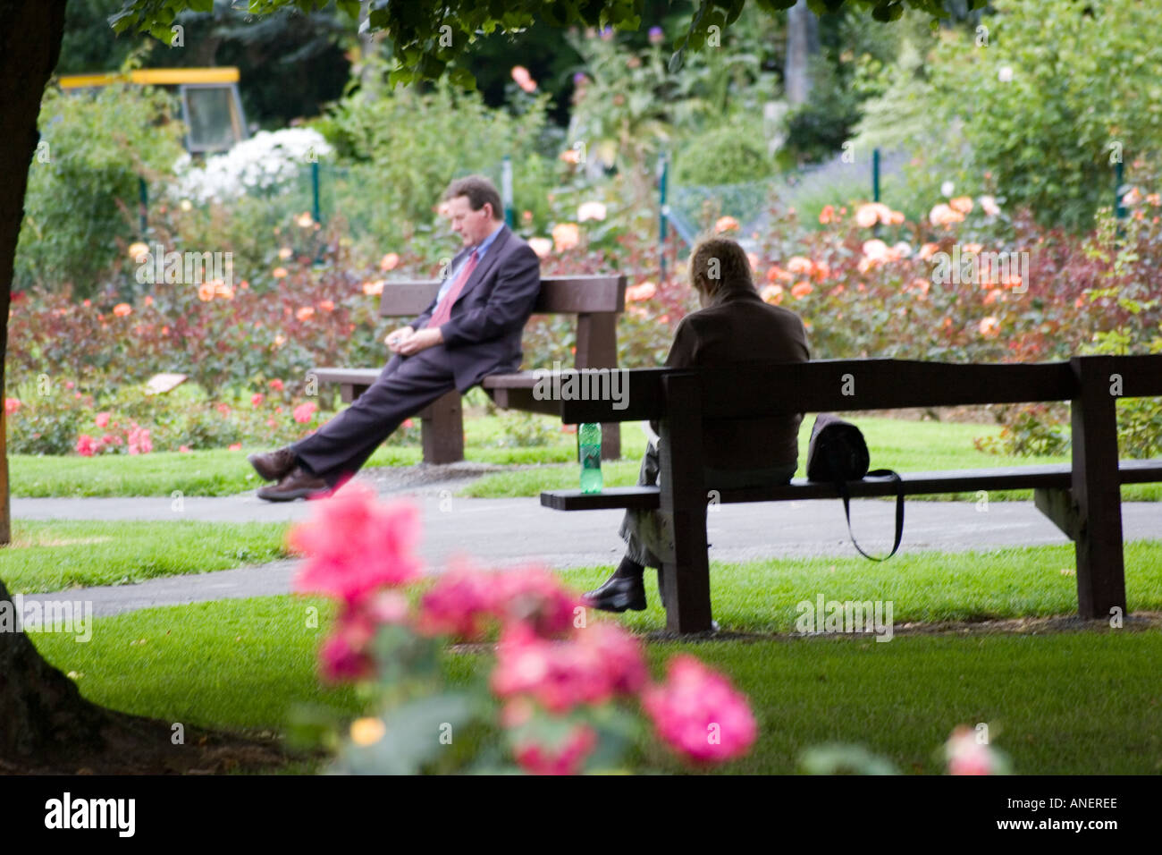 Man and Woman sitting opposite each other and not speaking on park ...