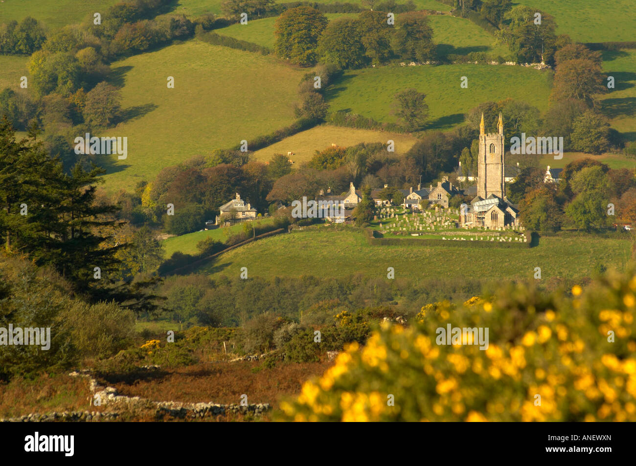Widecombe church and village from above Widecombe in the moor Dartmoor ...