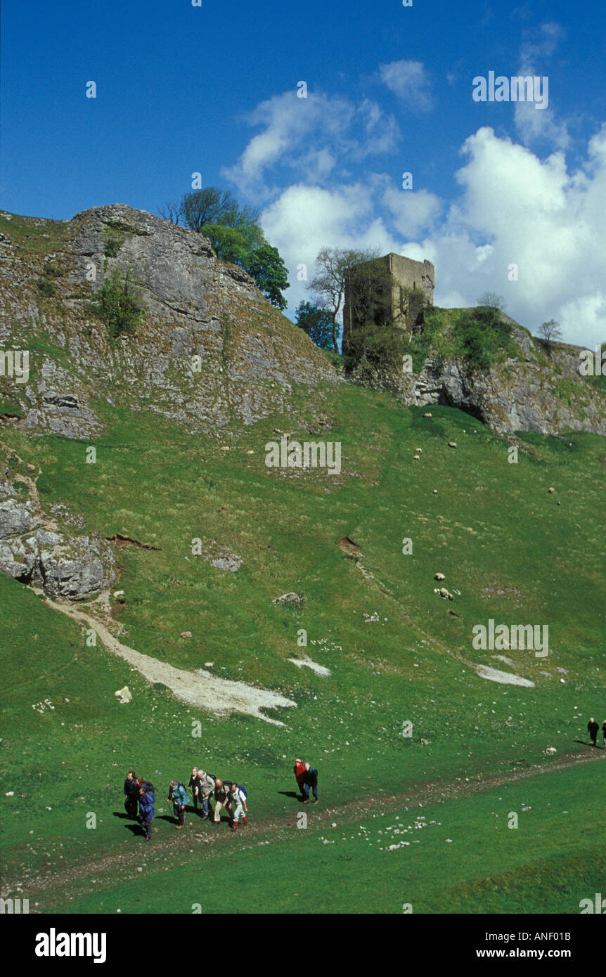 Cavedale with Walkers and Peveril Castle Derbyshire Stock Photo - Alamy