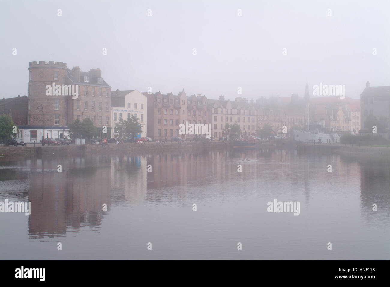 Port of Leith Edinburgh in rising mist suitable for overlaying text or ...