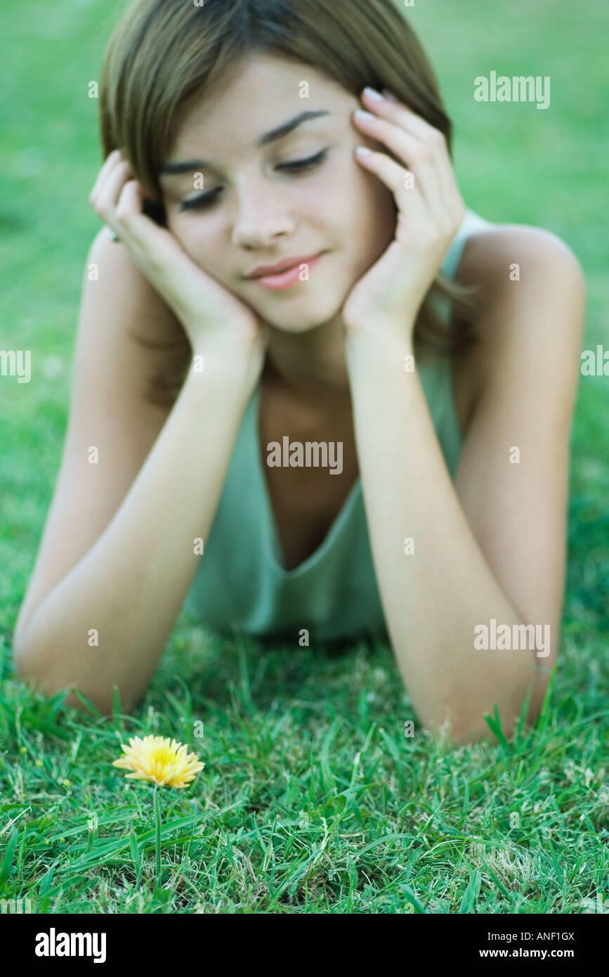 Young woman lying on grass looking down at single yellow flower Stock ...