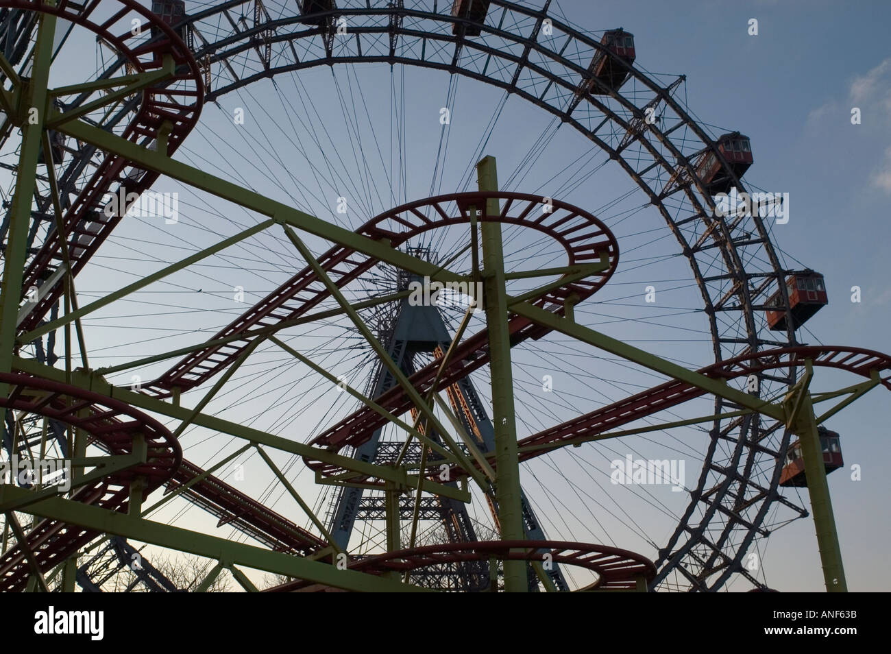 Prater amusement park in Vienna, Giant Ferry Wheel, roller coaster ...