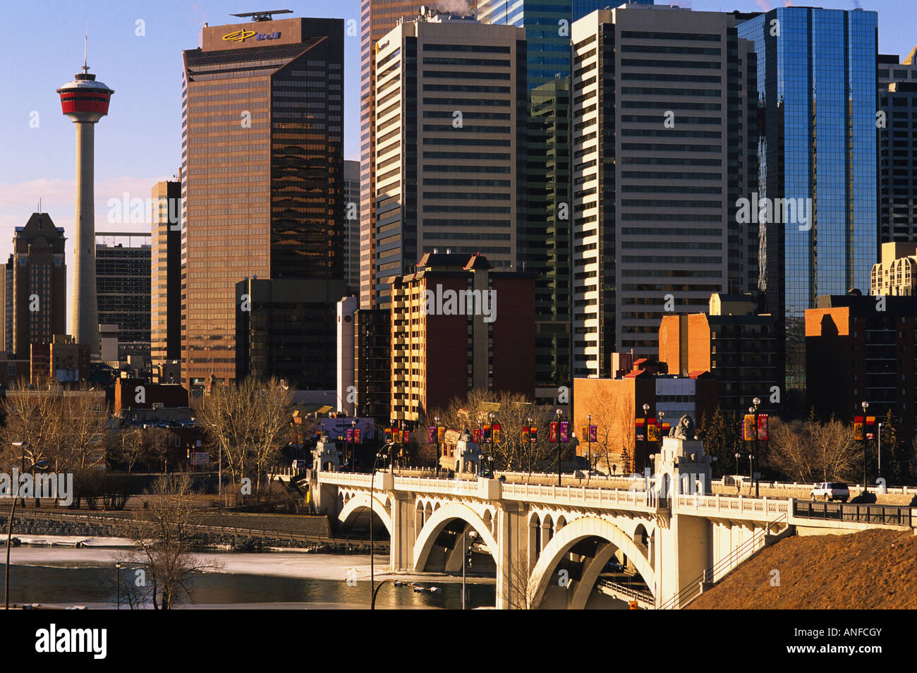 Downtown with lions gate bridge over the bow river hi-res stock ...