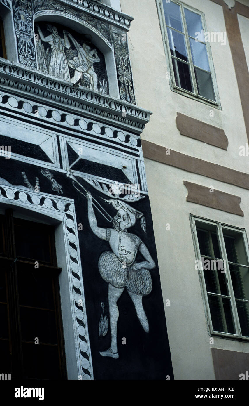 Figure of Rosenberg trumpeteer Gregor, sgraffiti on front of house no ...