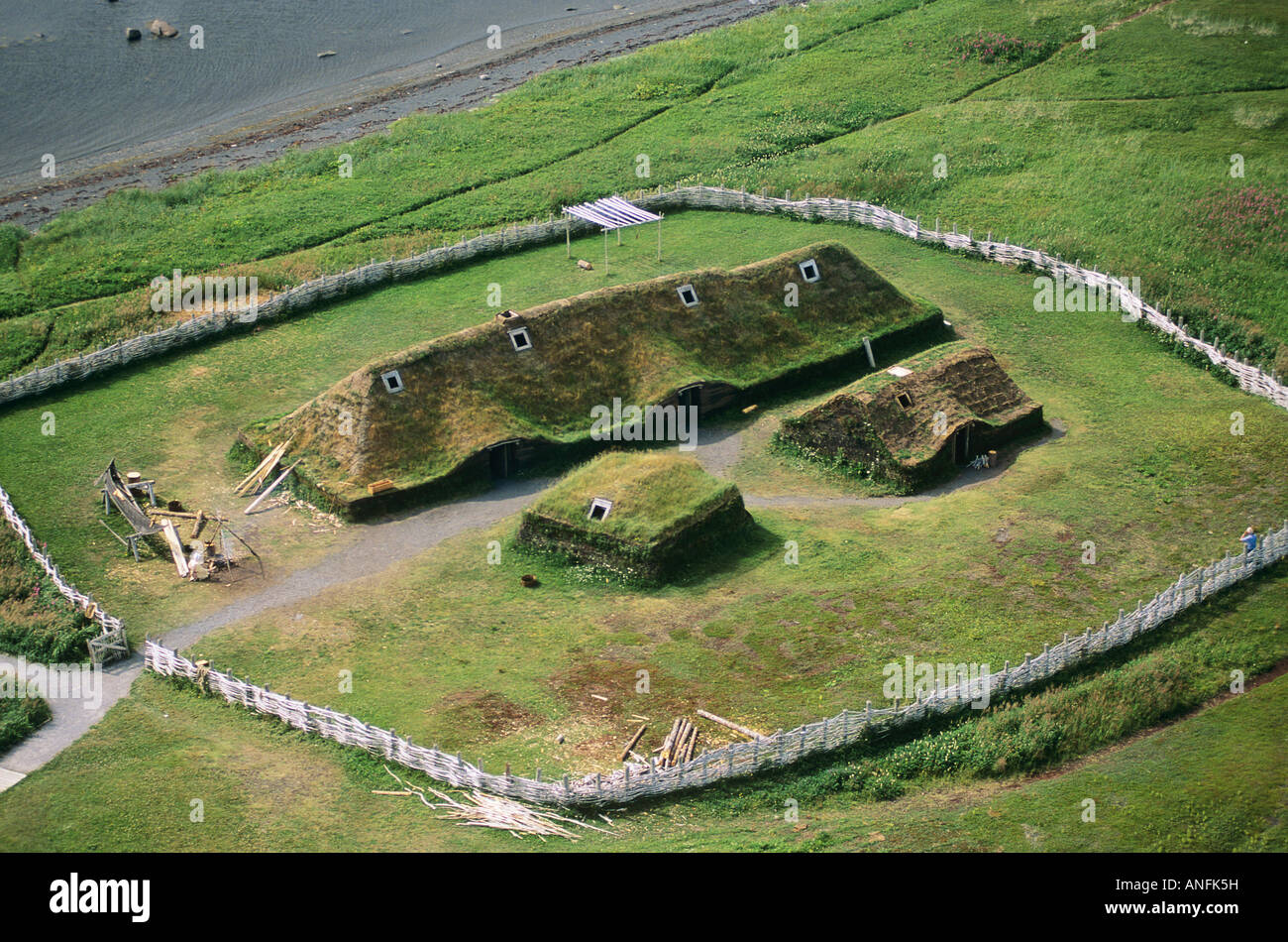 Aerial of L'anse aux meadows, a historic viking settlement ...