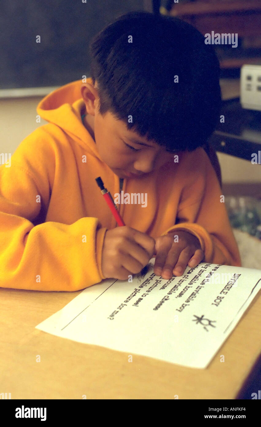 Asian American student age 9 studying in summer school catch up class ...