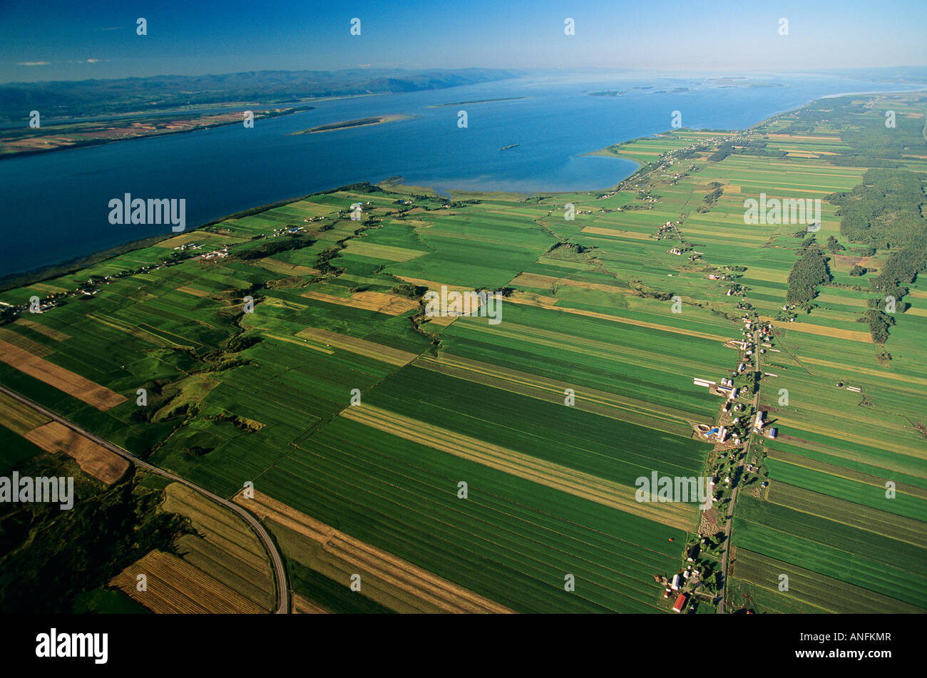 Aerial of the South Shore with the Saint Lawrence River beyond, Quebec ...
