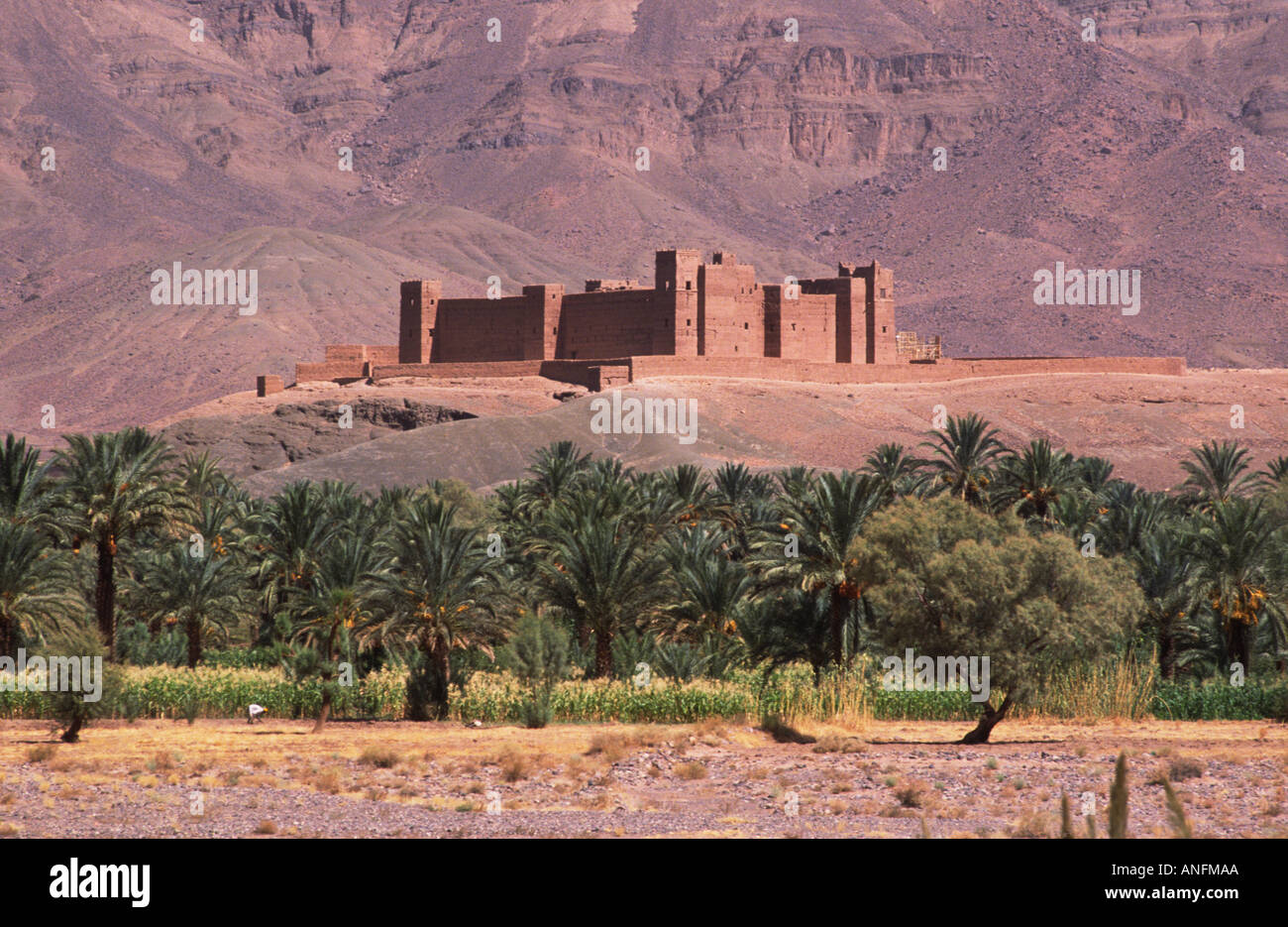 Landscape view of a kasbah on a barren hill above a riverside oasis and ...