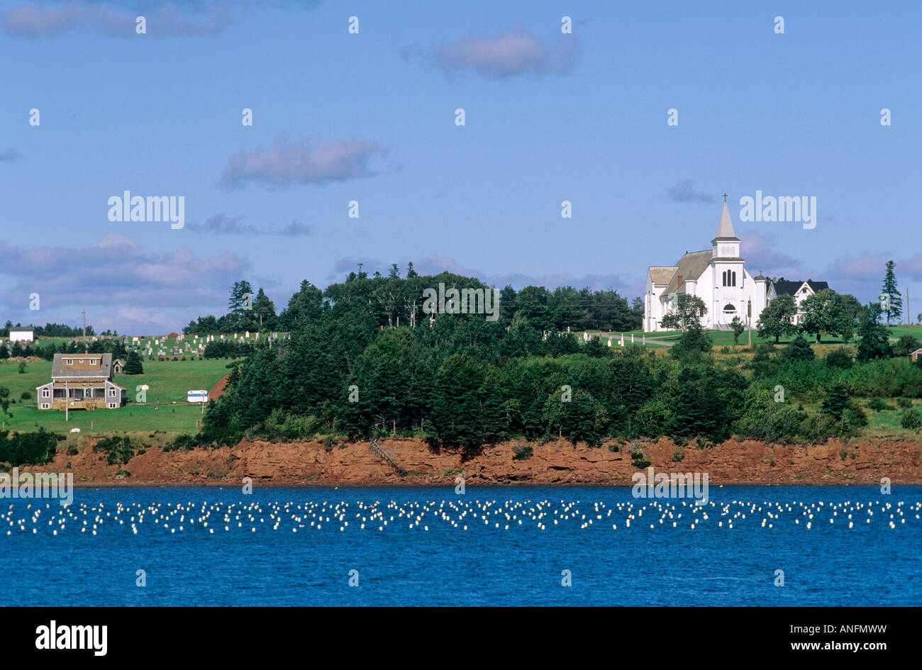 Mussel buoys in water, St. Peters, Prince Edward Island, Canada Stock ...