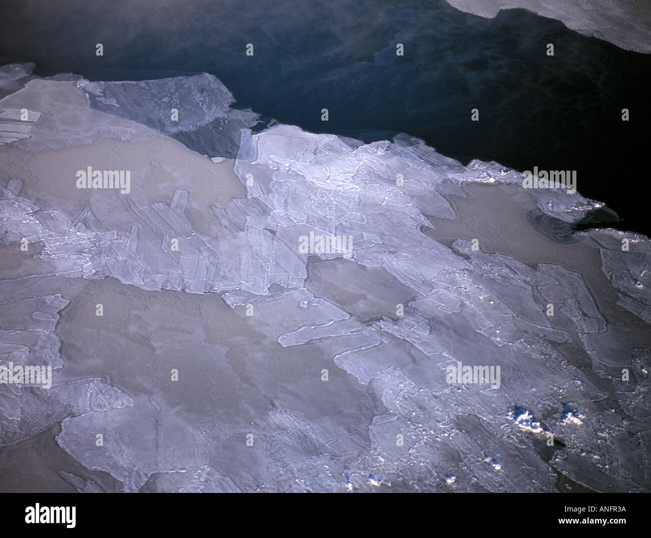 Aerial view of pancake ice sheet melting in Hudson Bay, Manitoba ...