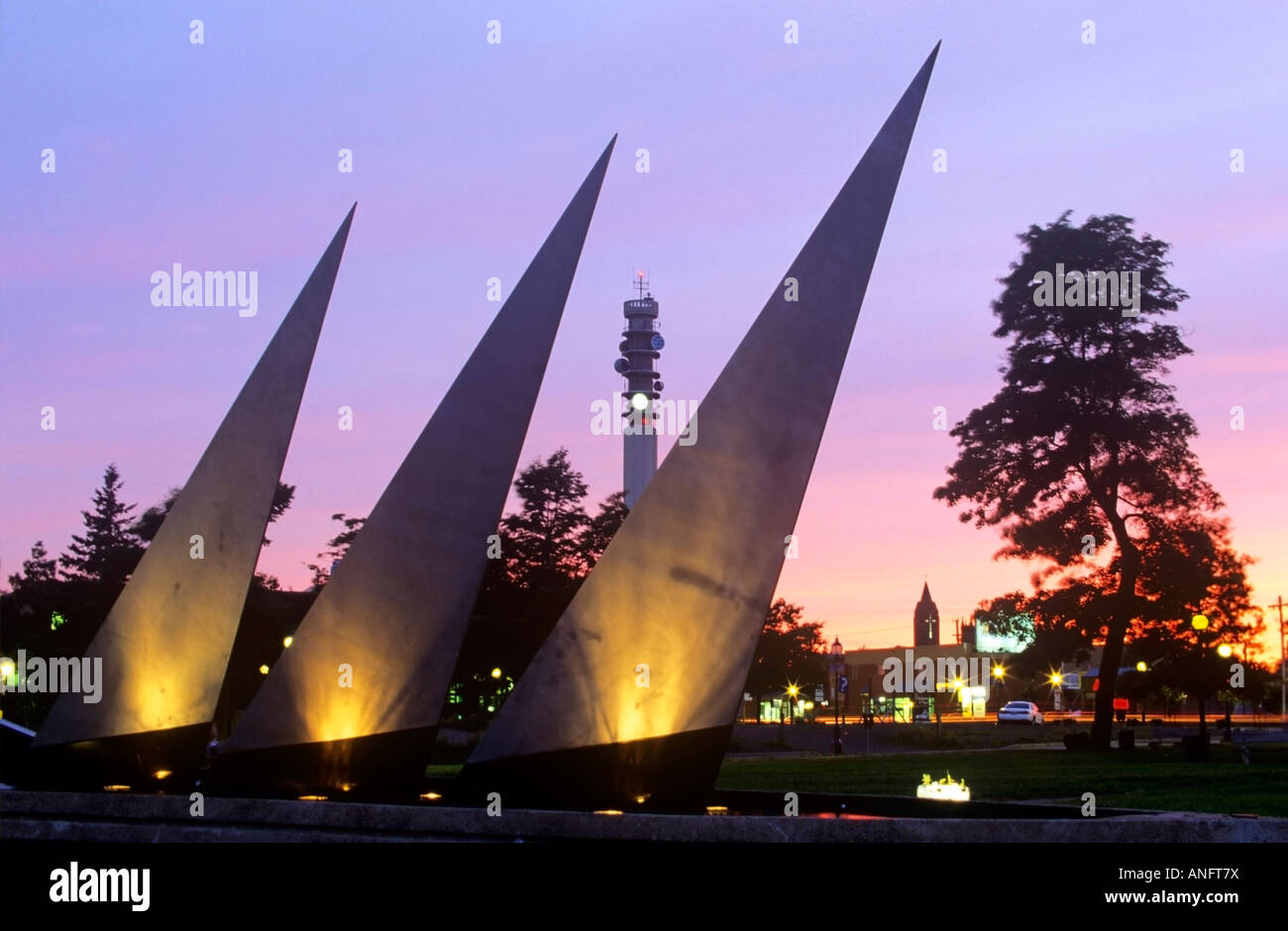Moncton Tidal Bore Park Sculpture at dusk, New Brunswick, Canada Stock ...