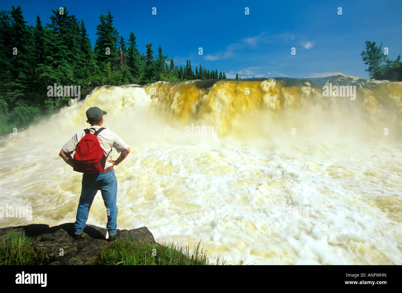 Hiker at Pisew Falls, Pisew Falls Provincial Park, Manitoba, Canada ...