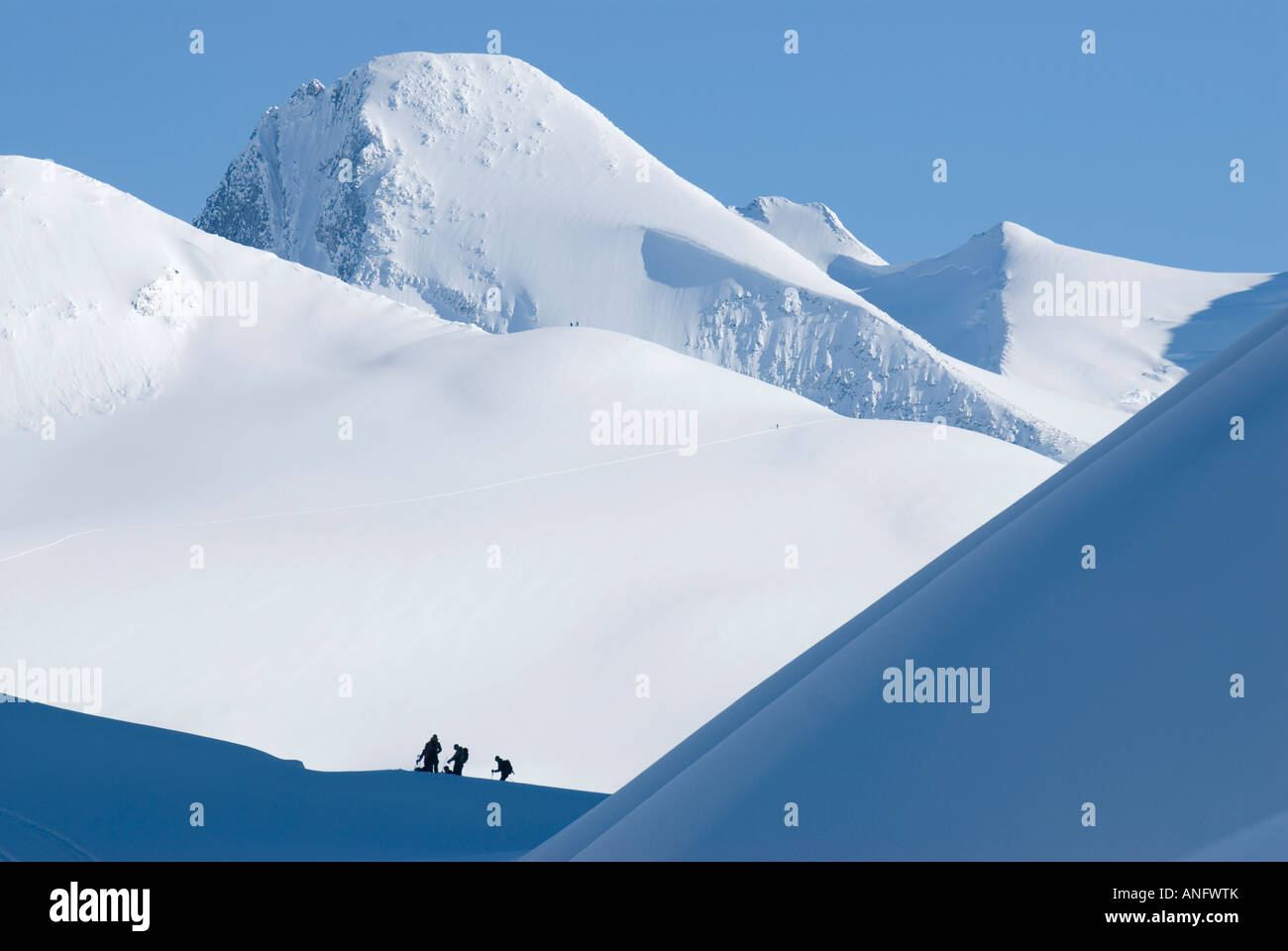 Group of skiers ready to ski with Asulkan Pass and Mt. Fox in ...