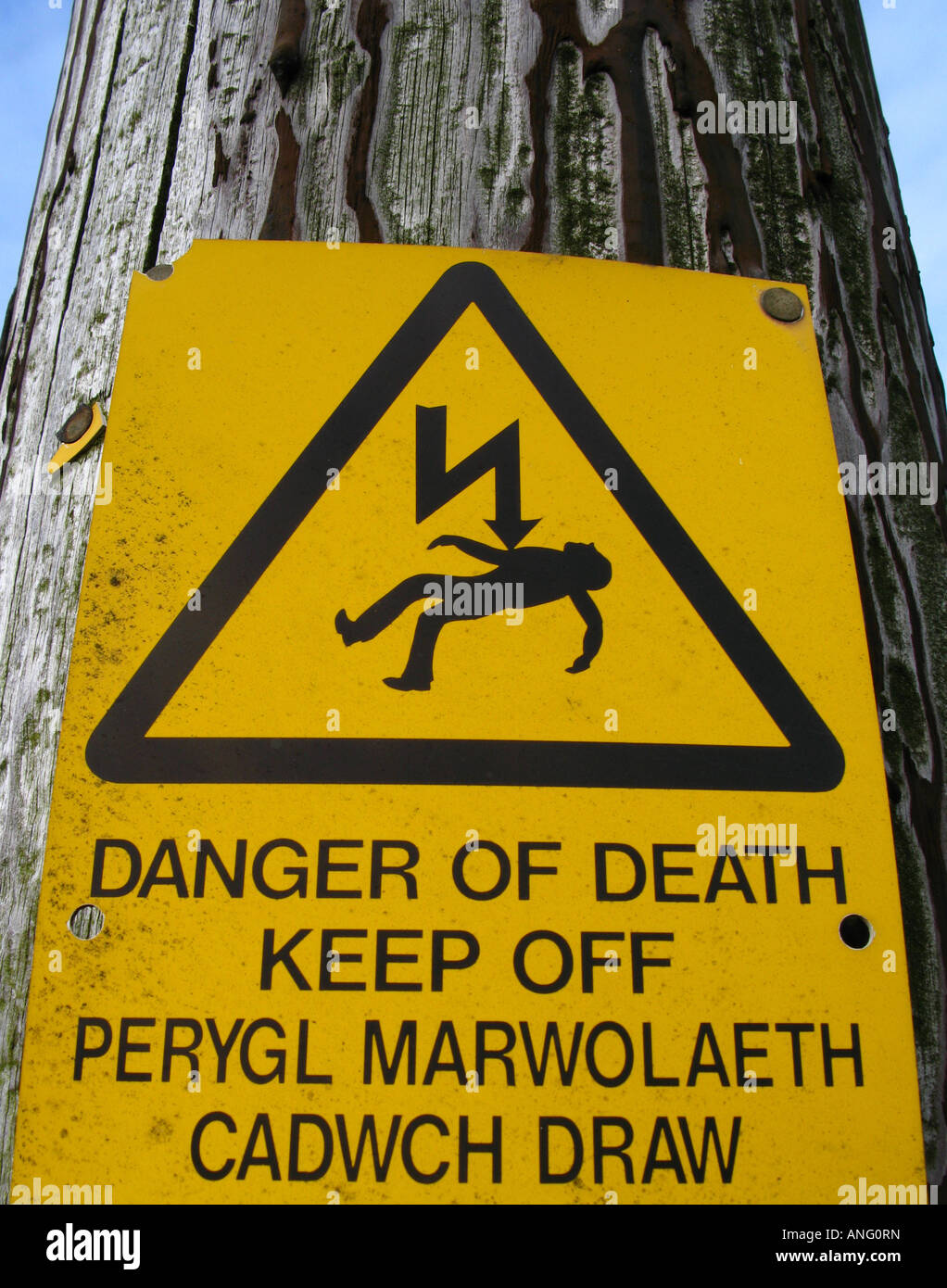 A yellow danger of death due to electricity sign Stock Photo - Alamy