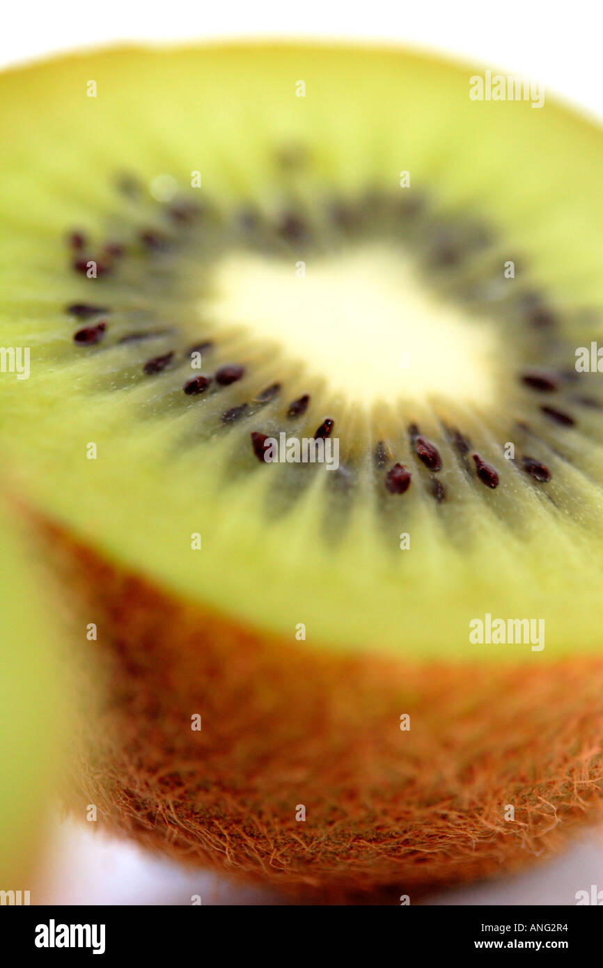 Close up of single kiwi fruit cut in half on white background at angle ...